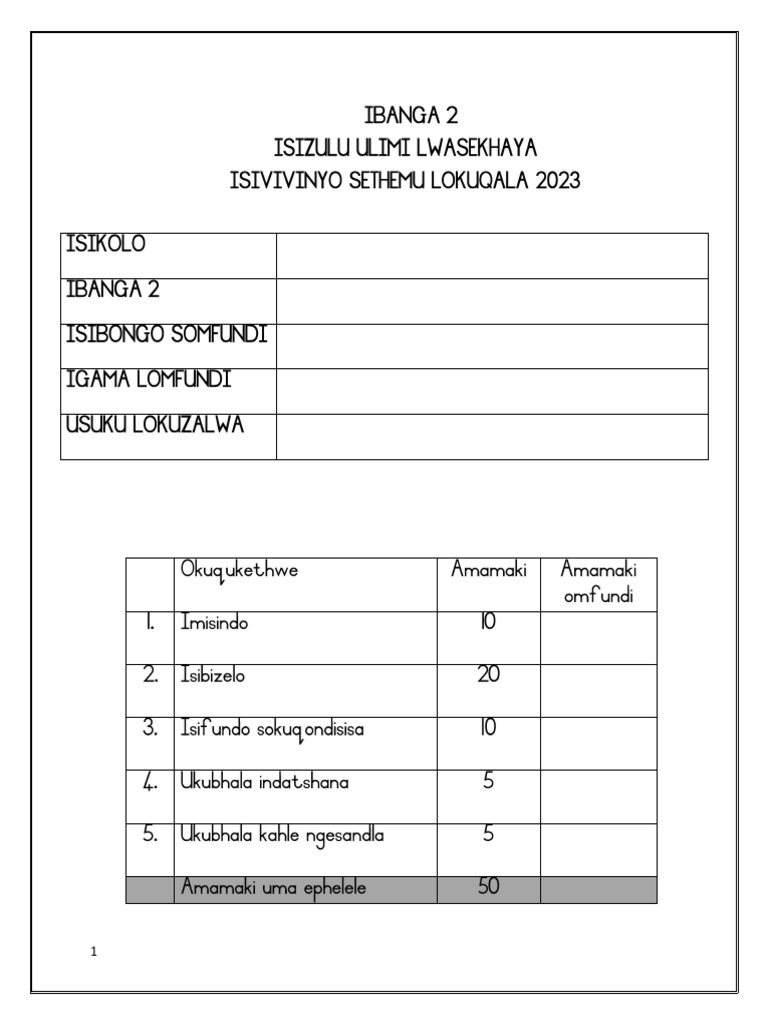 2023 - Isizulu - HL - Grade - 2 - Task Term 1 | PDF