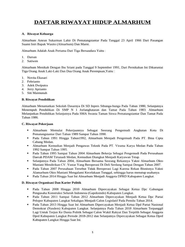 DAFTAR RIWAYAT HIDUP ALMARHUM | PDF