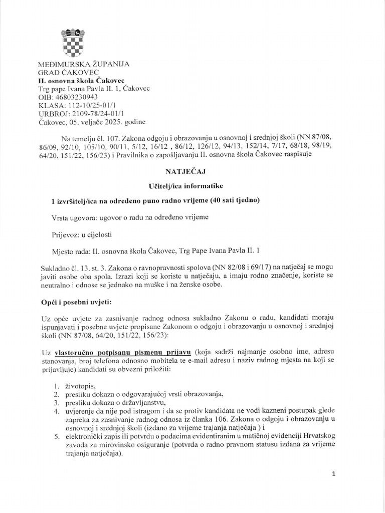 Natjecaj Ucitelj Informatike 05 02 2025 | PDF