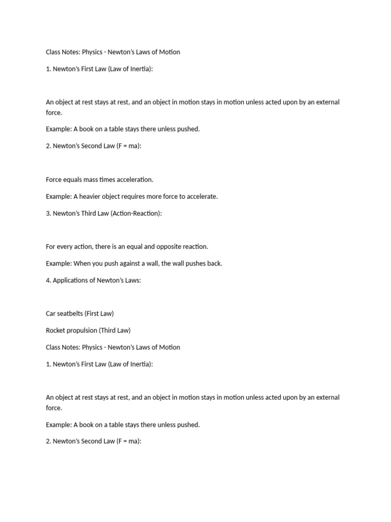 Class Notes Physics Neton S Laws of Motion | PDF