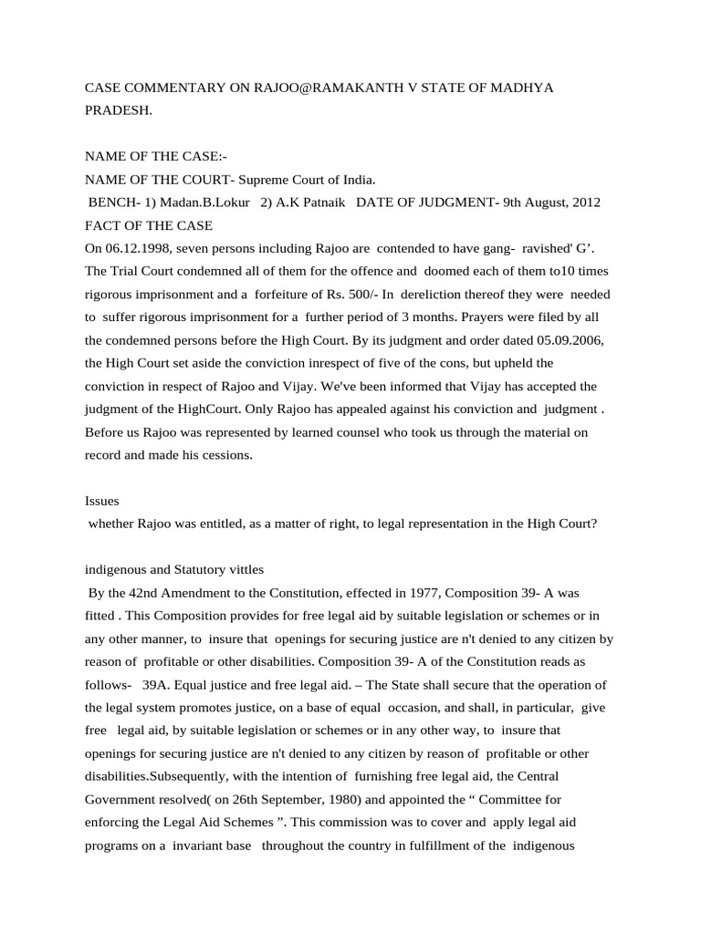 Case Commentary On Rajoo@ramakanth V State of Madhya Pradesh | PDF ...