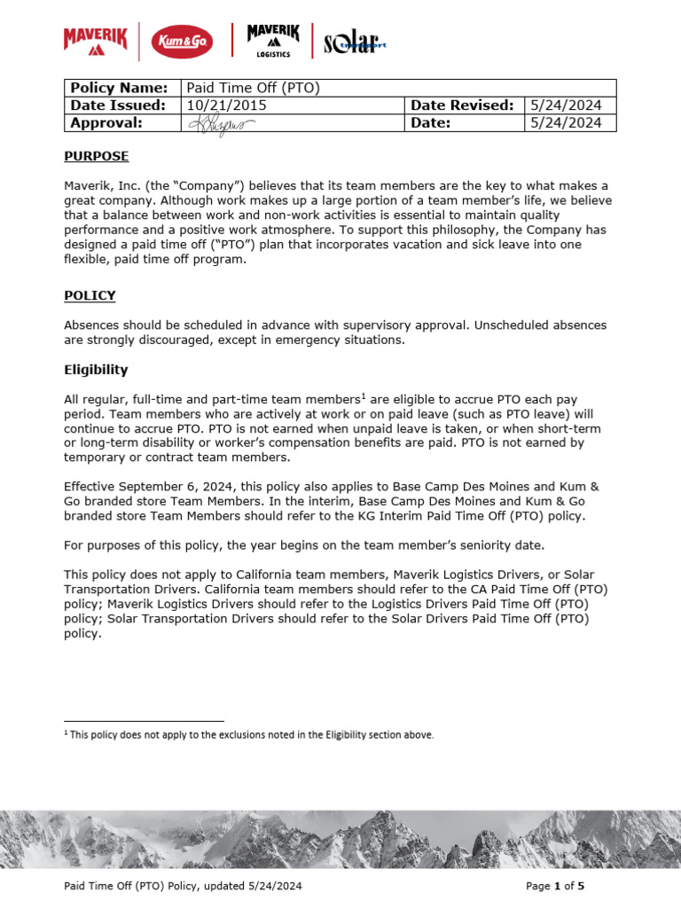 Maverik Paid Time Off Policy Update | PDF | Business Ethics | Employment
