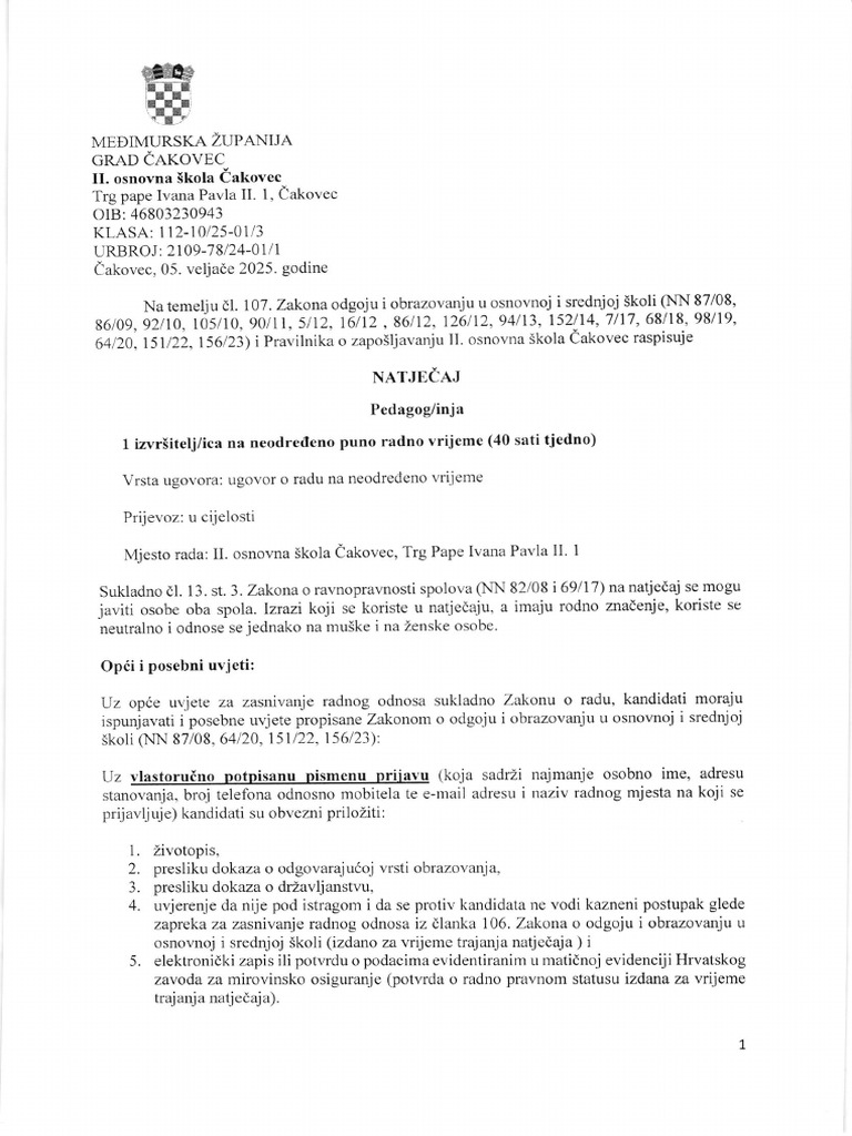 Natjecaj Pedagog 05 02 2025 | PDF