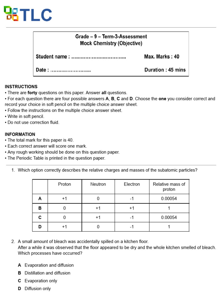 gr9 Chem Objective (Mock) | PDF | Chemical Reactions | Chemical Equilibrium