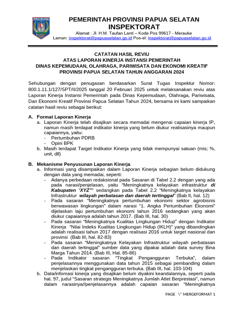 CATATAN HASIL REVIU LKjIP A 2024 | PDF