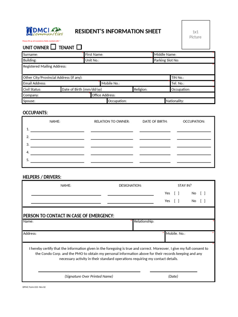 Resident Information Sheet Template | PDF