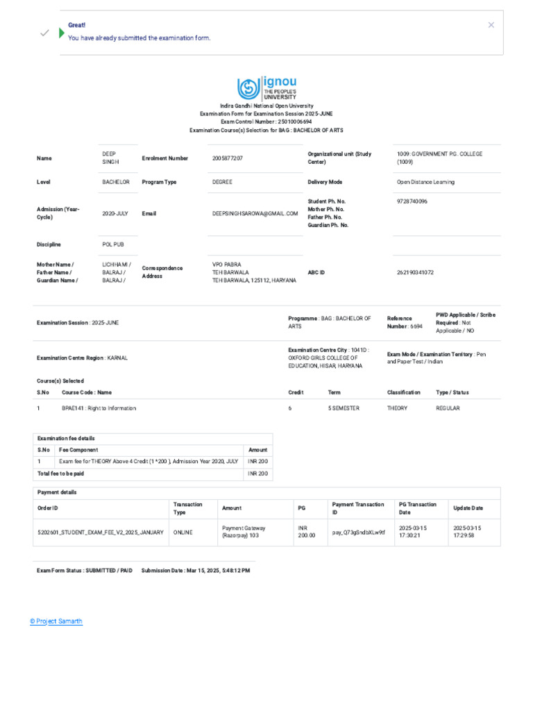 IGNOU Exam Form Submission 2025 | PDF | Qualifications | Educational Stages