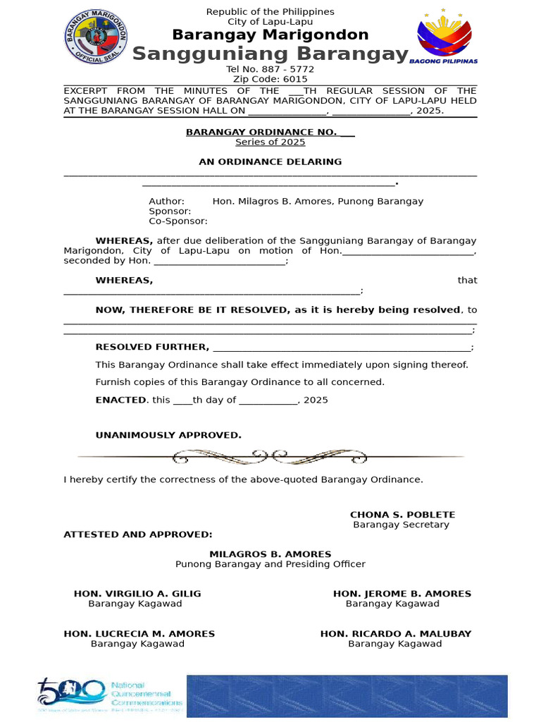 Template for Barangay Ordinance | PDF