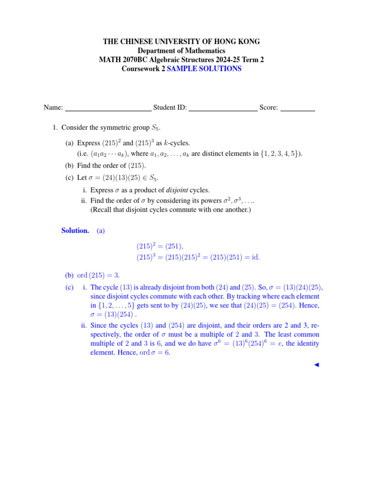 Math2070 202425t2 cw2 Sol | PDF | Permutation | Mathematical Analysis
