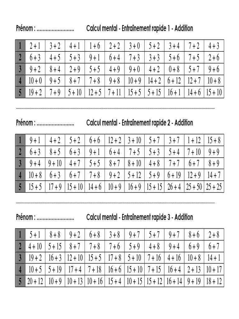 Calcul Mental Addition 01 | PDF