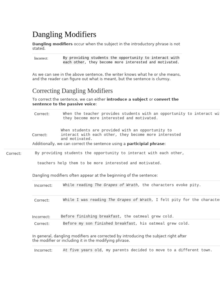 Dangling-Modifiers-and-misplaced-modifiers | PDF | Language Mechanics | Linguistics
