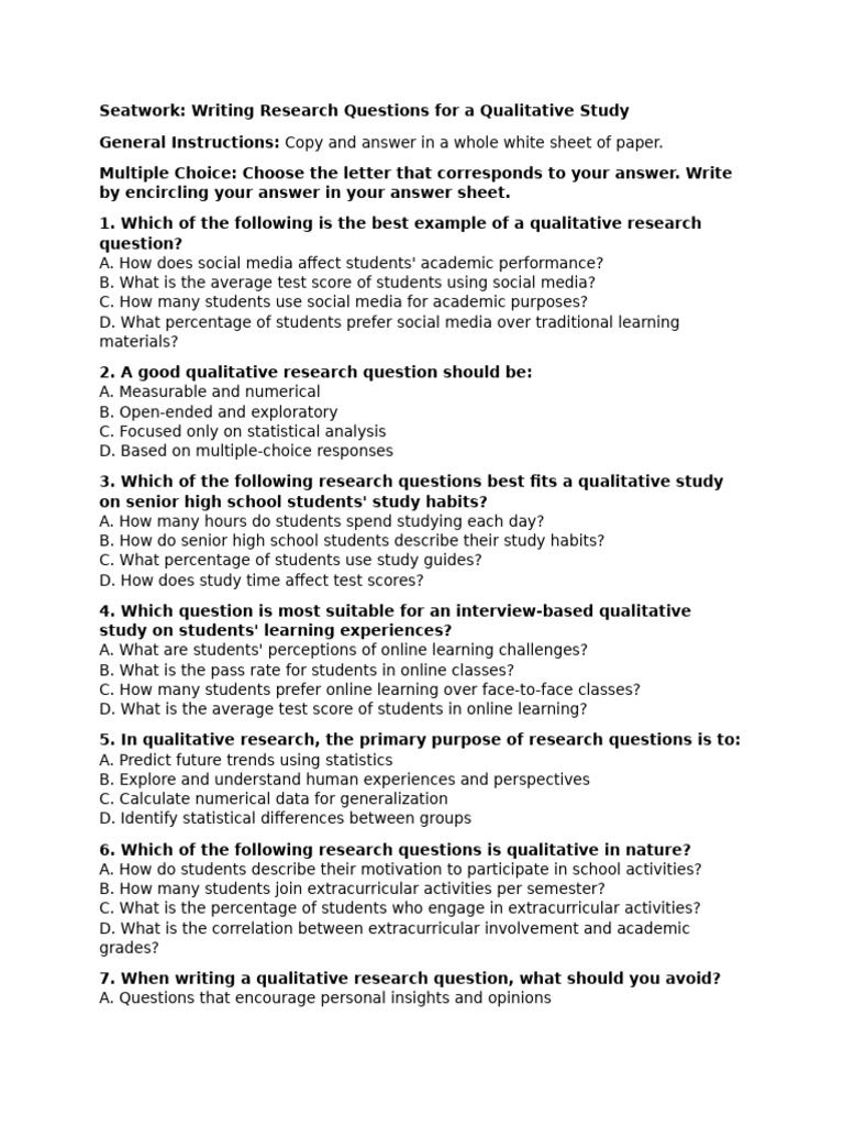 Writing Research Questions - Seatwork - NKA - 2 4 2025 | PDF ...