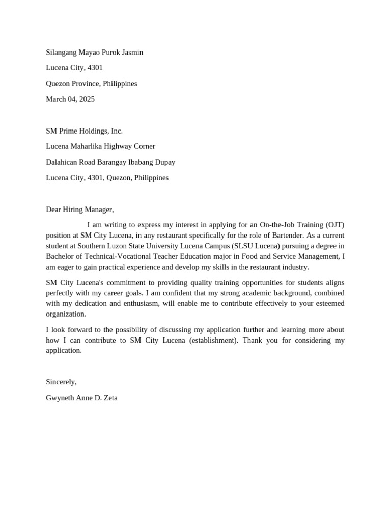 OJT Application for Bartender Position | PDF