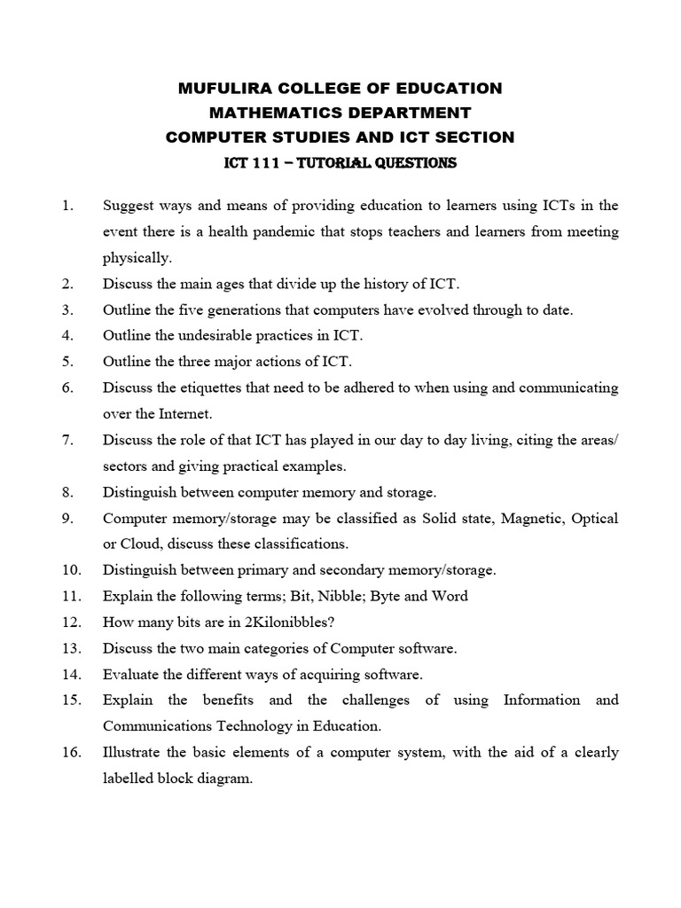 Ict 111 - Tutorial Questions | PDF | Computer Data Storage ...
