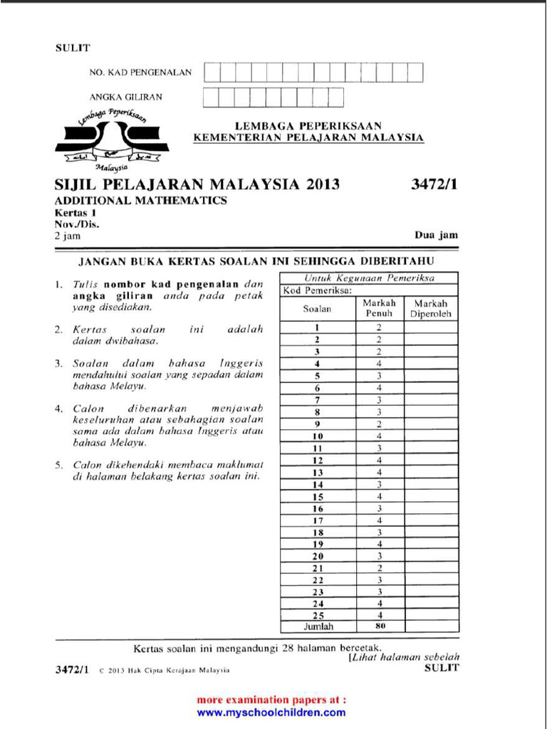Add math paper 1 ( muka depan) | PDF