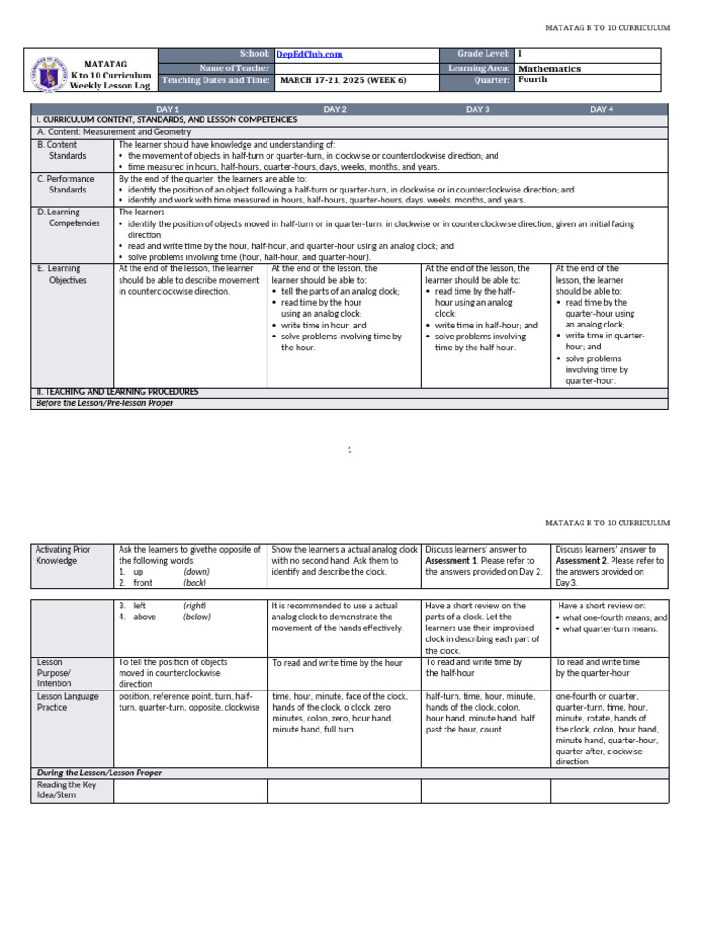DLL Matatag Mathematics 1 q4 w6 2 | PDF | Learning | Educational Assessment