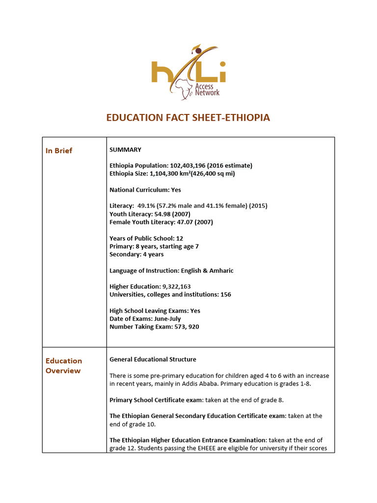 Ethiopia Education Fact Sheet | PDF | Schools | Ethiopia