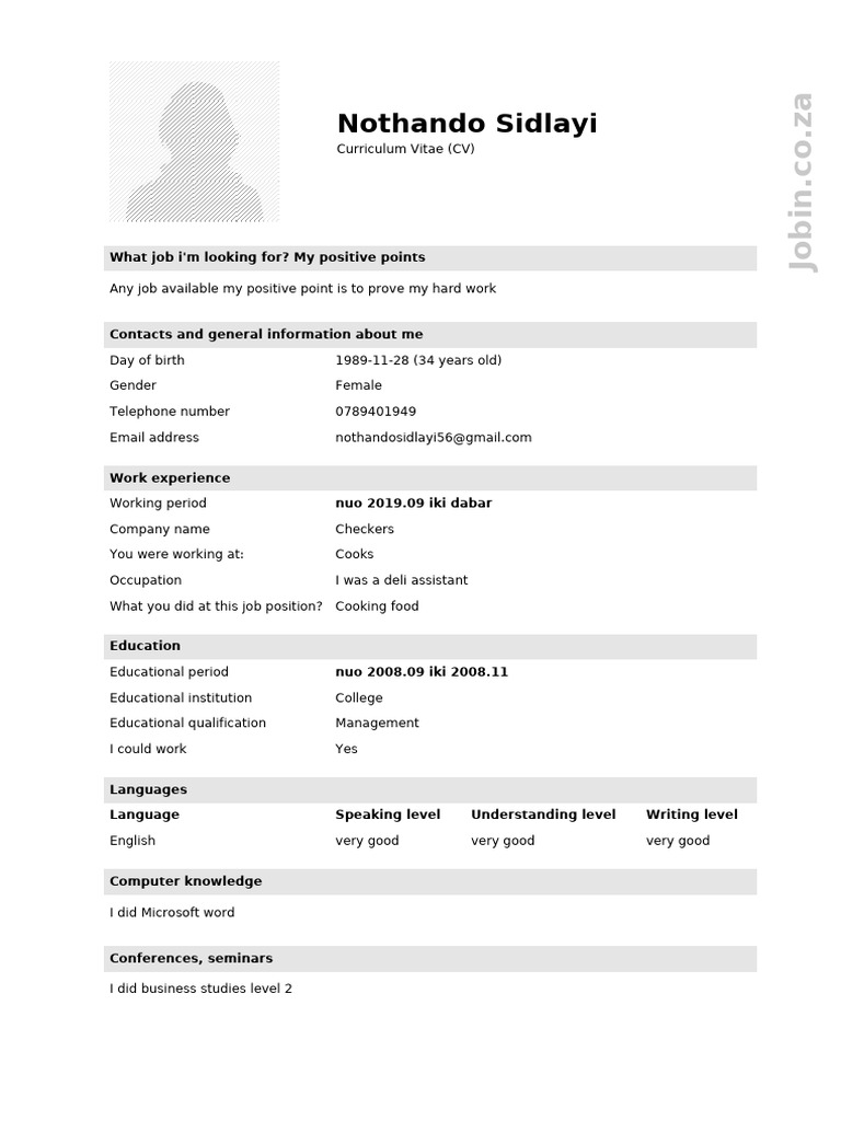 Nothando Sidlayi's CV and Job Preferences | PDF