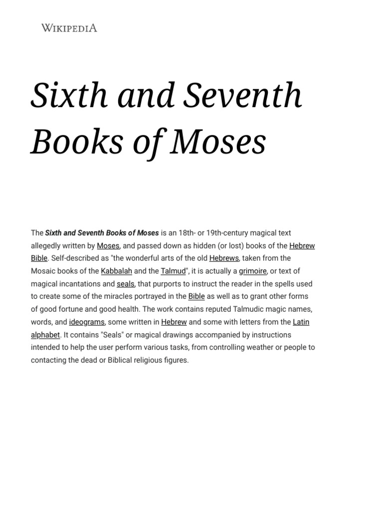 Sixth and Seventh Books of Moses - Wikipedia | PDF | Supernatural | Religious Texts