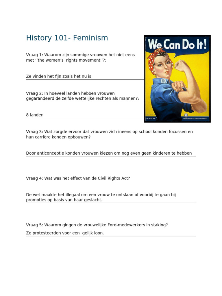Feminism History 101 Worksheet Answers | PDF