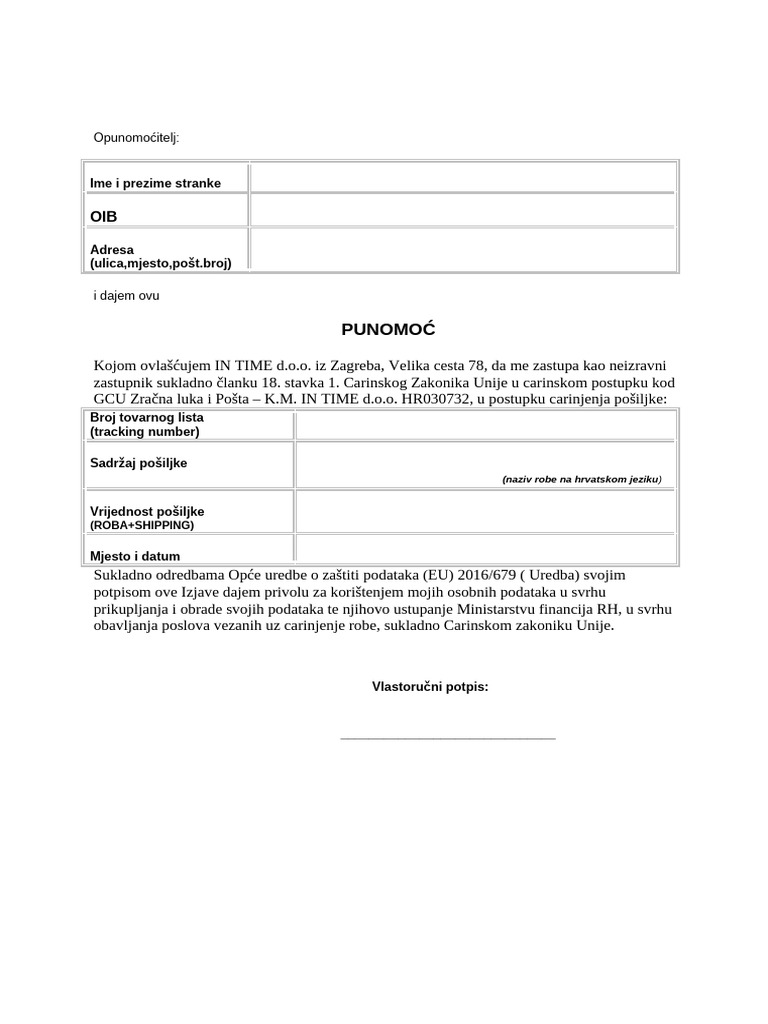 Carinska Punomoć Za Fizičke Osobe Izjava o Privatnosti | PDF