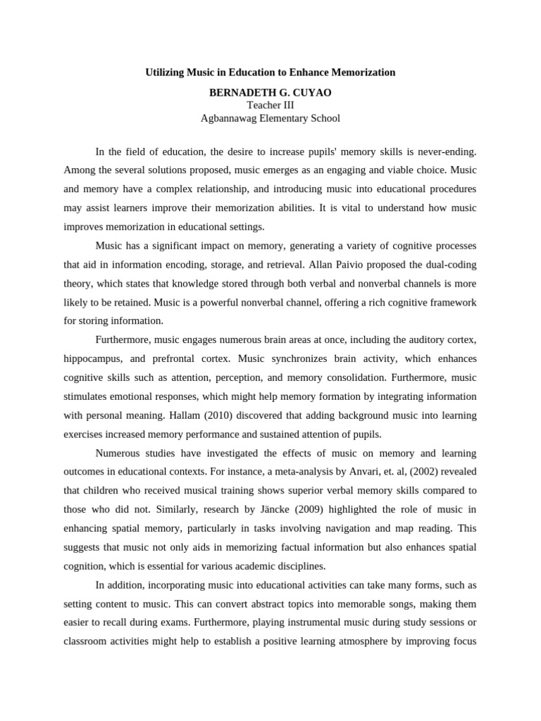 1 - Utilizing Music in Education To Enhance Memorization | PDF | Memory ...