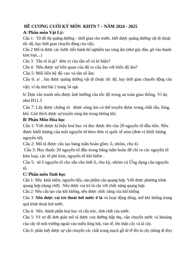 đỀ CƯƠNG khtn 7 | PDF