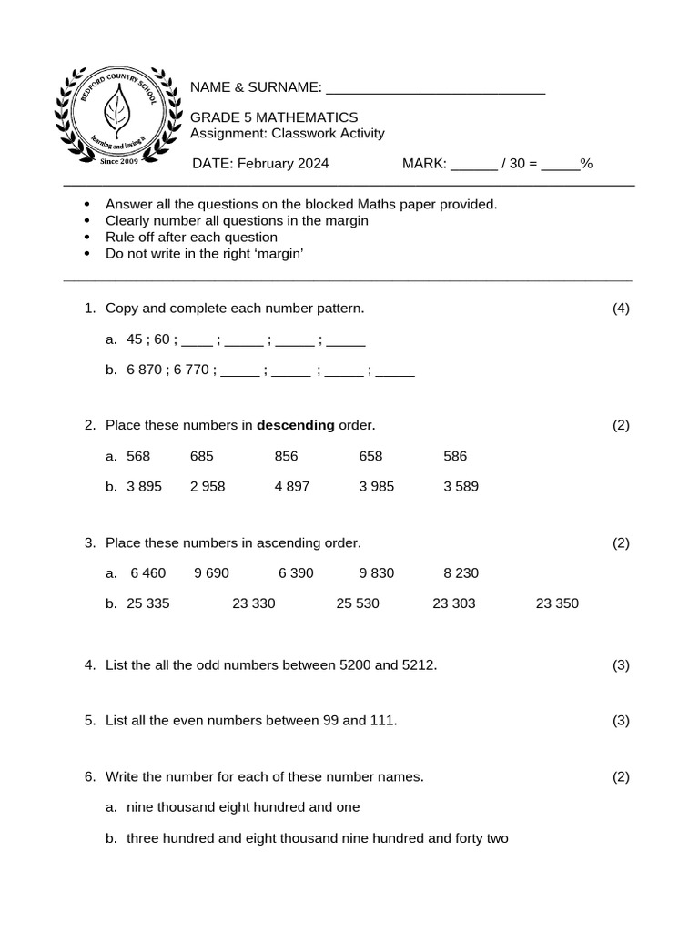 Maths Grade 5 Term 1 Assignment 2025 | PDF
