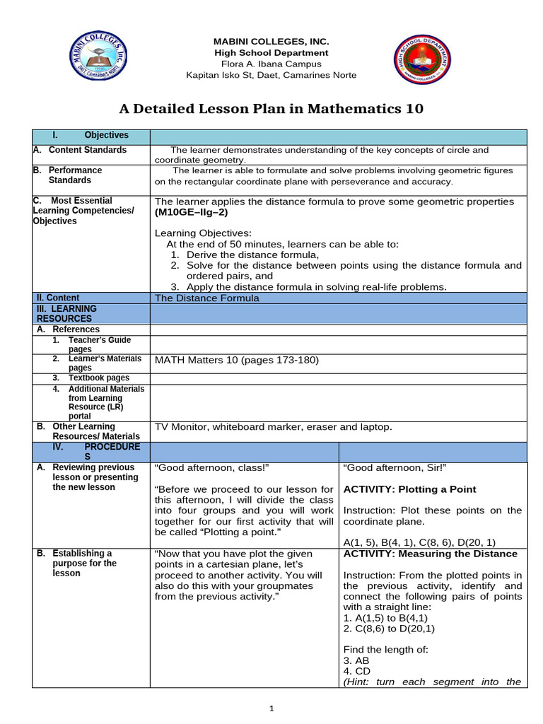 Distance Formula Lesson Plan for Math 10 | PDF | Mathematics | Triangle