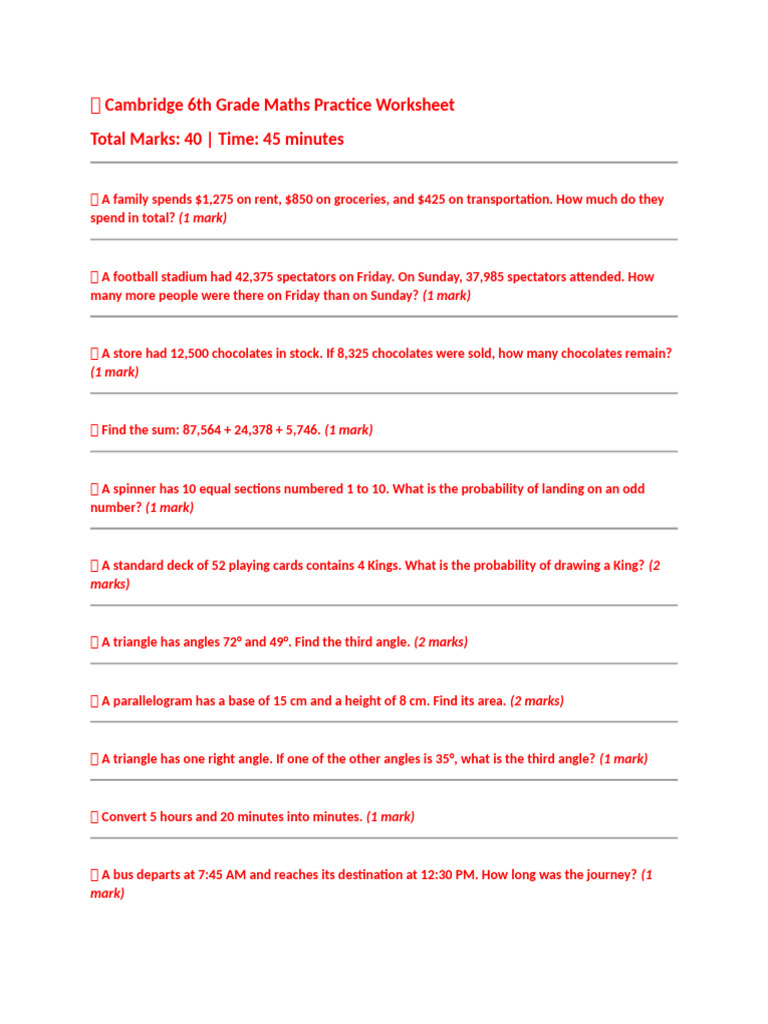 ? Cambridge 6th Grade Maths Practice Worksheet | PDF | Triangle | Polytopes