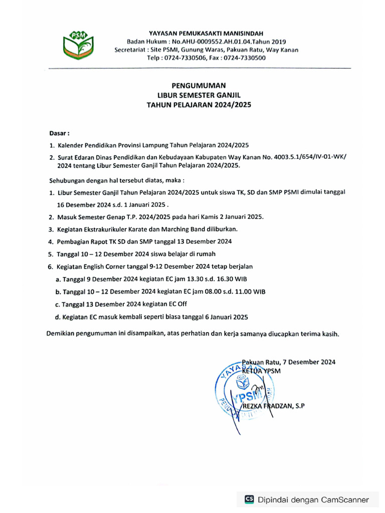 pengumuman libur sekolah semester ganjil tk sd smp psmi 2024 | PDF