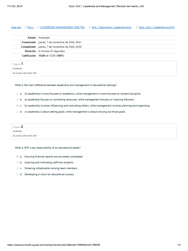 Quiz - Unit 1 - Leadership and Management - Revisión Del Intento - UG ...