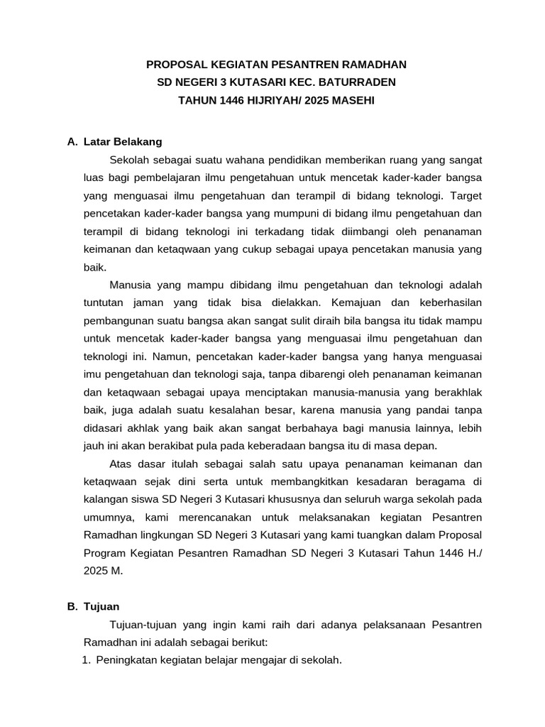 Proposal Pesantren Ramadhan 1445 H - SDN 3 Kuta | PDF