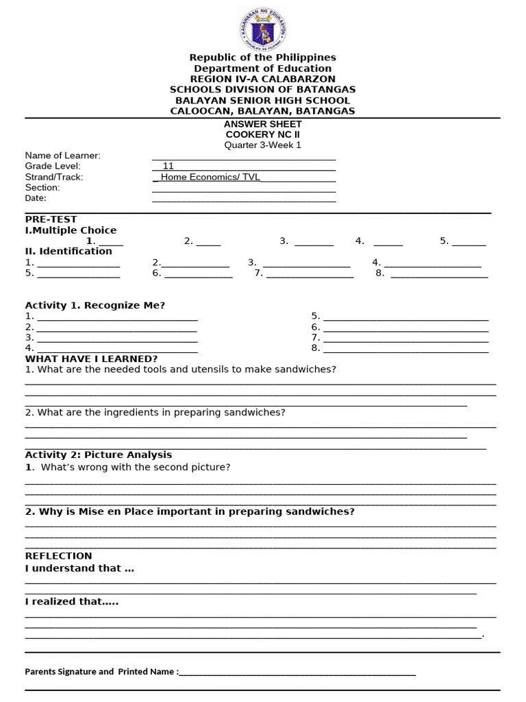 Cookery Answer Sheet Q3 WK1 | PDF