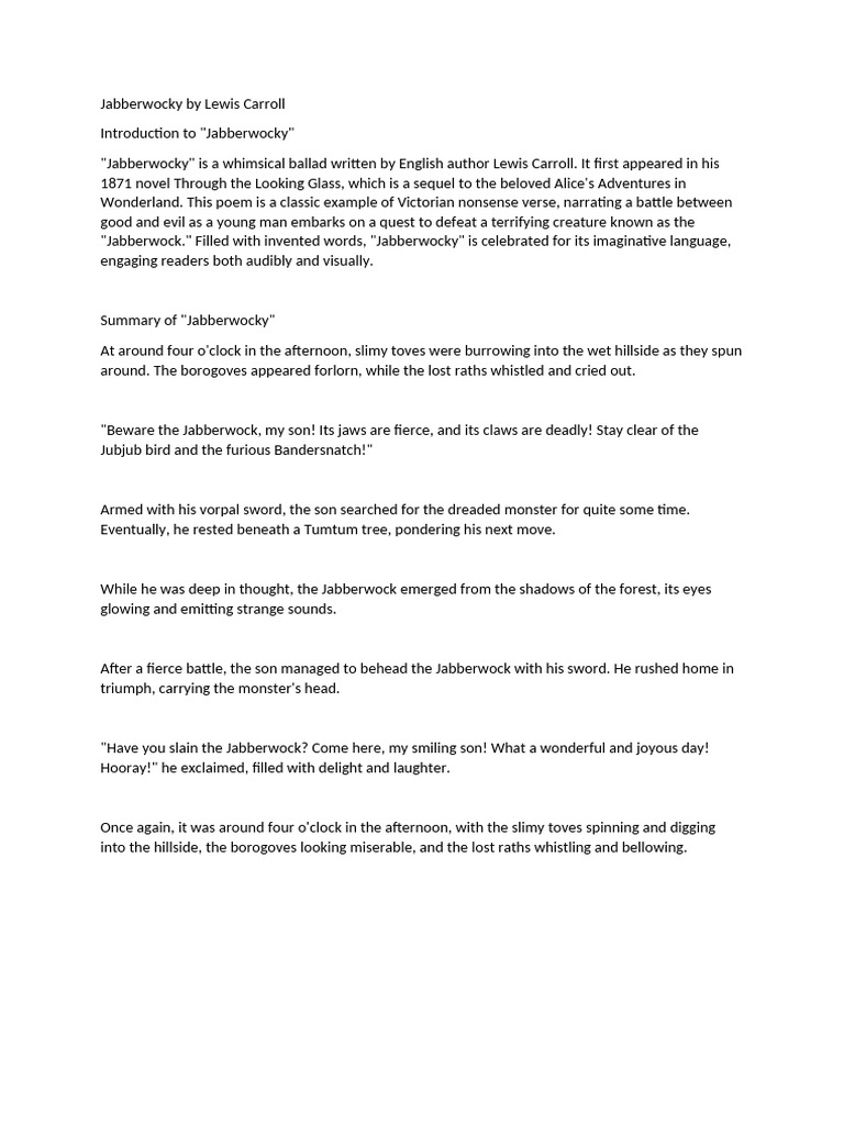 Summary of Lewis Carroll's Jabberwocky | PDF