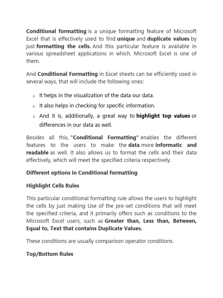 Conditional Formatting Study Material | PDF | Microsoft Excel | Spreadsheet
