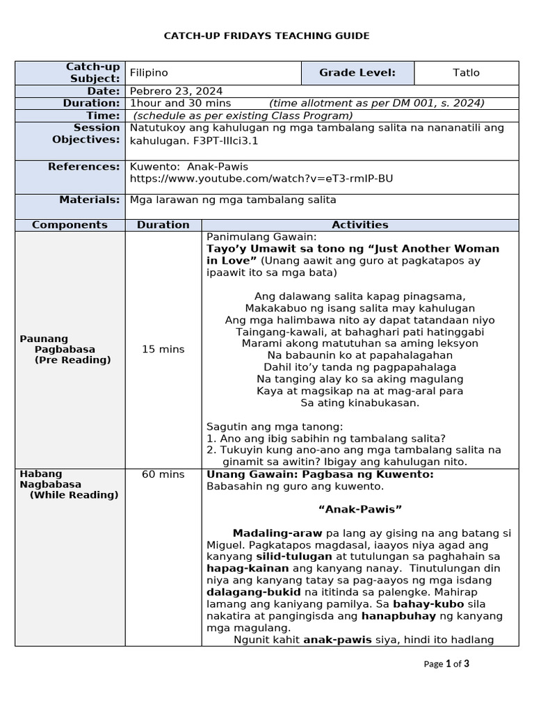Gr.3 Teaching Guide Catchup Filipino Feb.2 | PDF