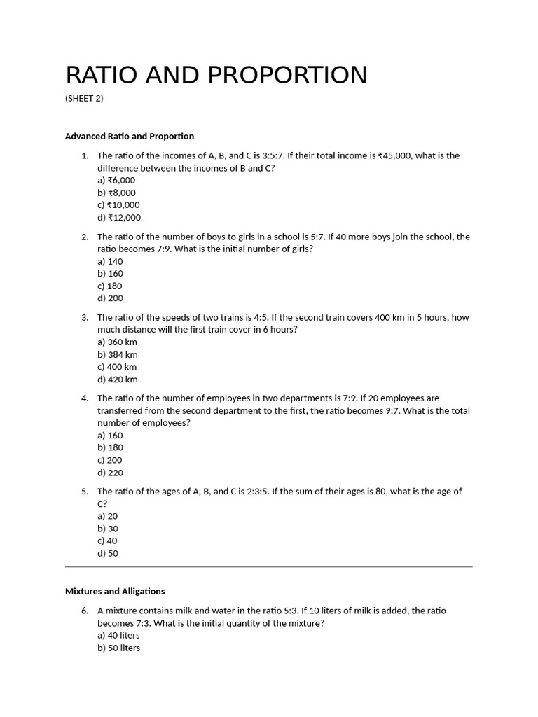 RATIO AND PROPORTION sheet 2 | PDF | Ratio