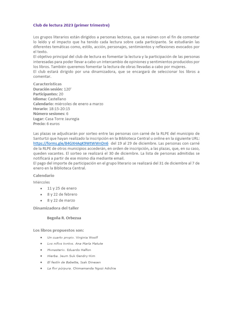 02 Informacion Club Lectura Primer Trimestre | PDF