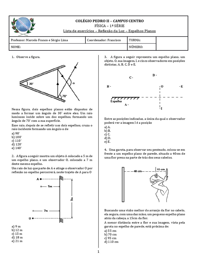 11 - 1º Ano - Lista de Exercícios - Reflexão Da Luz - Espelhos Planos ...