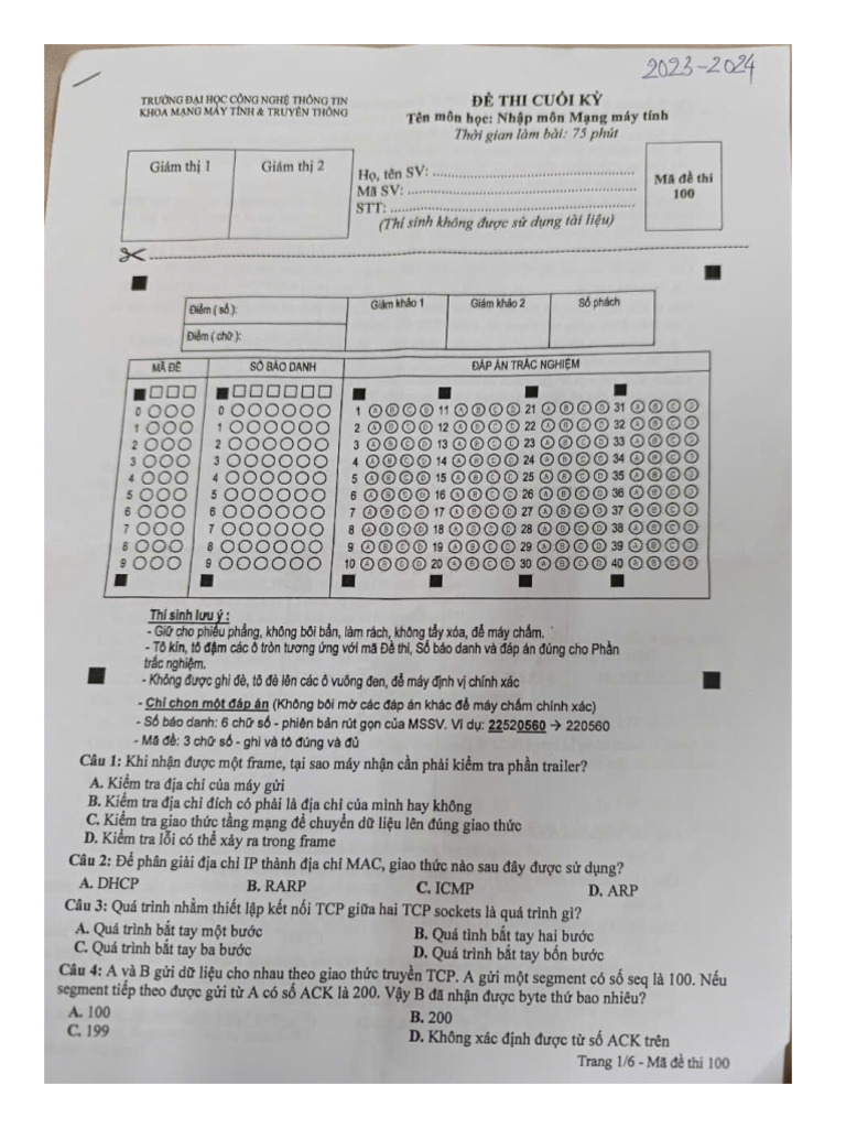 Đề thi CK 2023-2024 | PDF