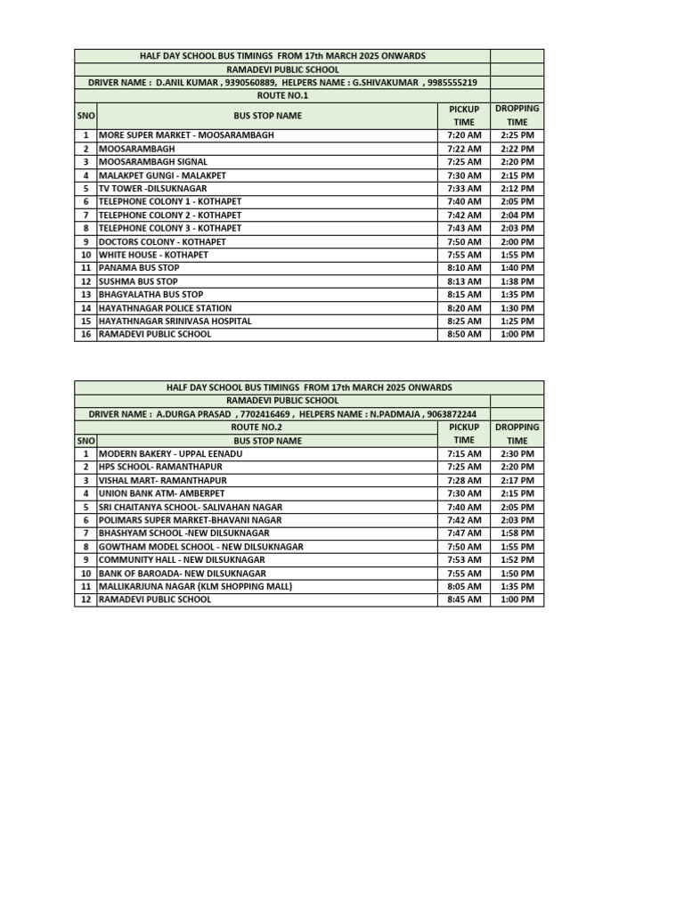 HALF DAY SCHOOL BUS TIMINGS FROM 17th MARCH 2025 ONWARDS | PDF | Land ...