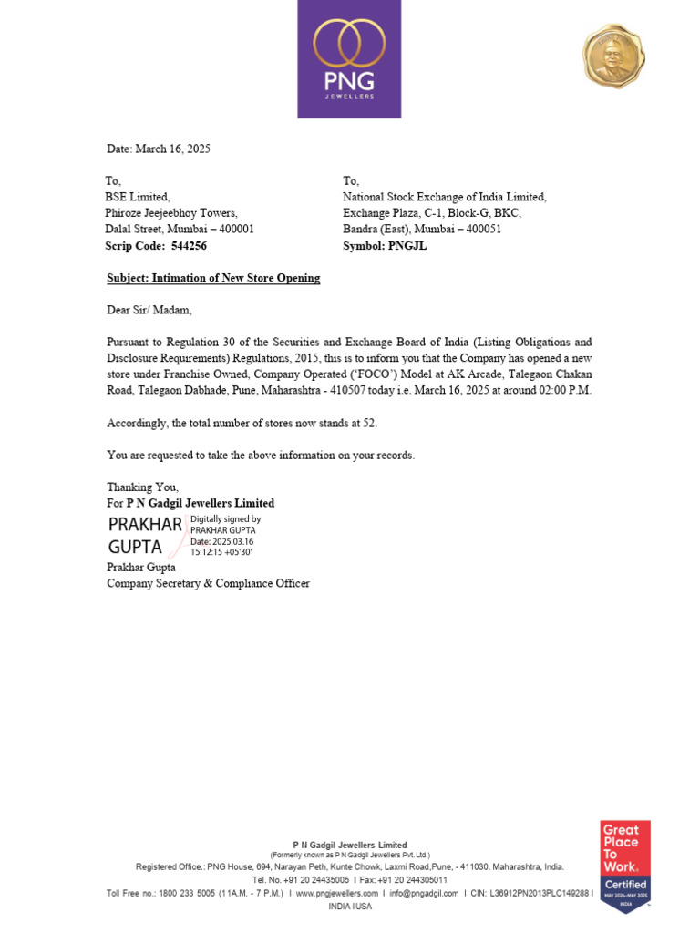 Prakhar Gupta: Scrip Code: 544256 Symbol: PNGJL Subject: Intimation of ...