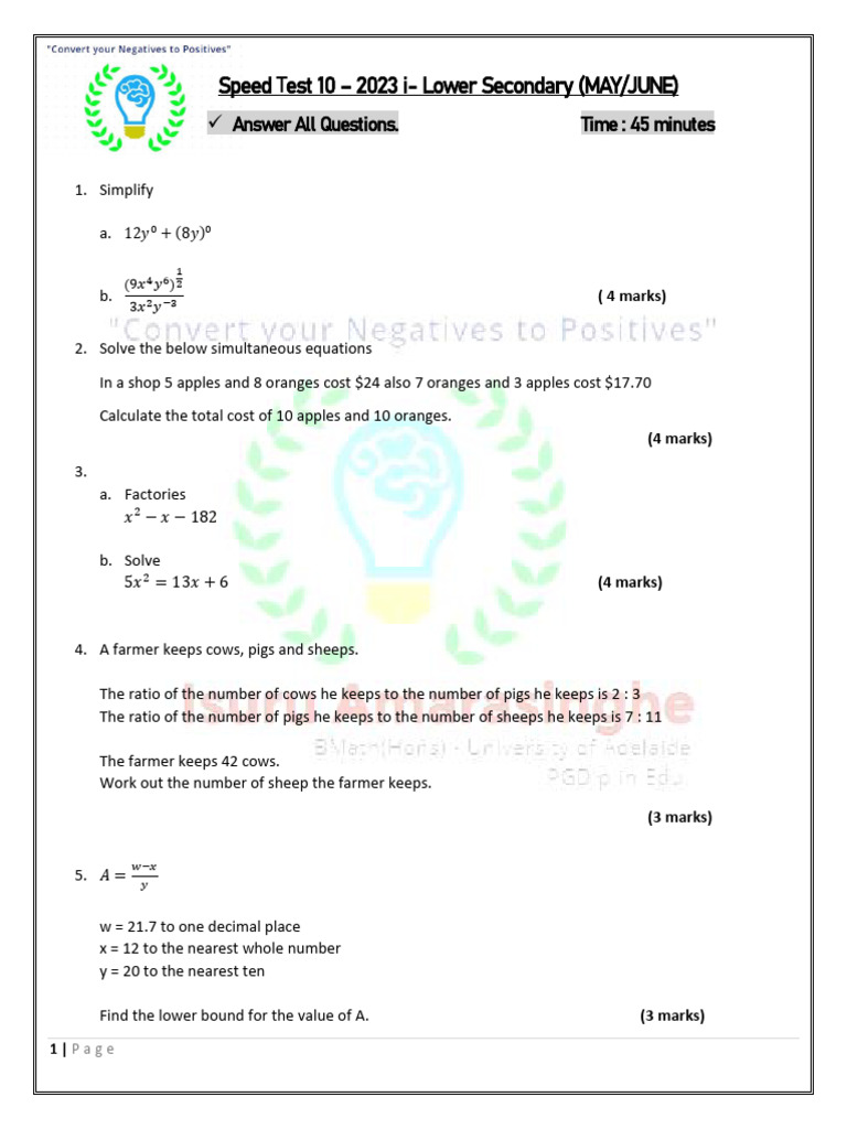 Grade 9 T2 Maths Mock 2 Private Tutor | PDF | Mathematics