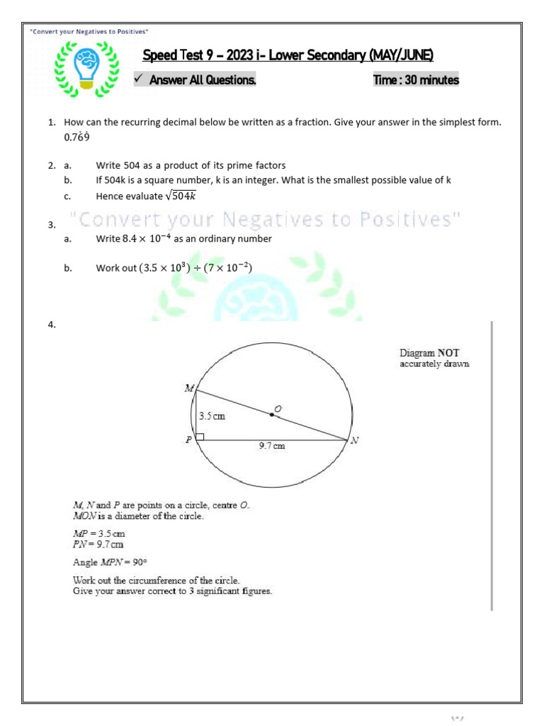 Grade 9 T2 Maths Mock1 Test PVT Tutor | PDF | Numbers | Decimal