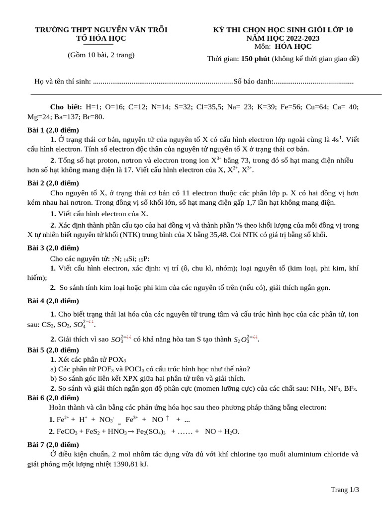HSG LỚP 10 2023 (CT1) ĐỀ | PDF