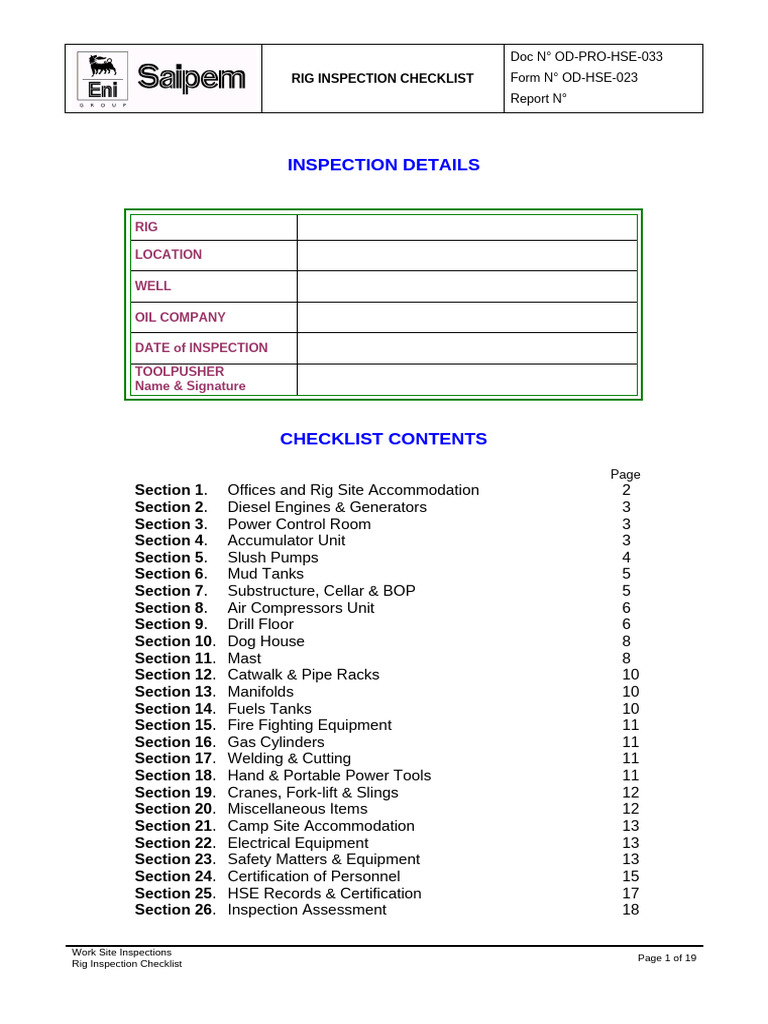 Rig Inspection Checklist | PDF | Valve | Welding