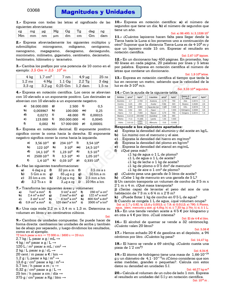 Ejercicios Magnitud-Unidad | PDF | Densidad | Volumen