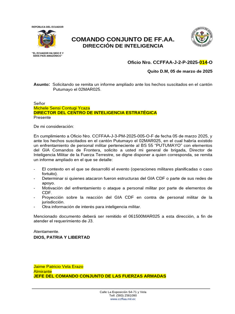Oficio Nro. Ccffaa J 2 P 2025 014 o para Cies | PDF