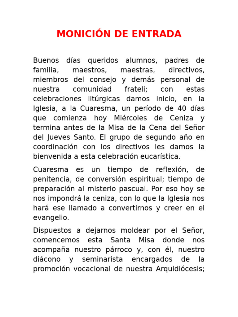 Monición de Entrada | PDF | eucaristía | Adoración Cristiana Y Liturgia